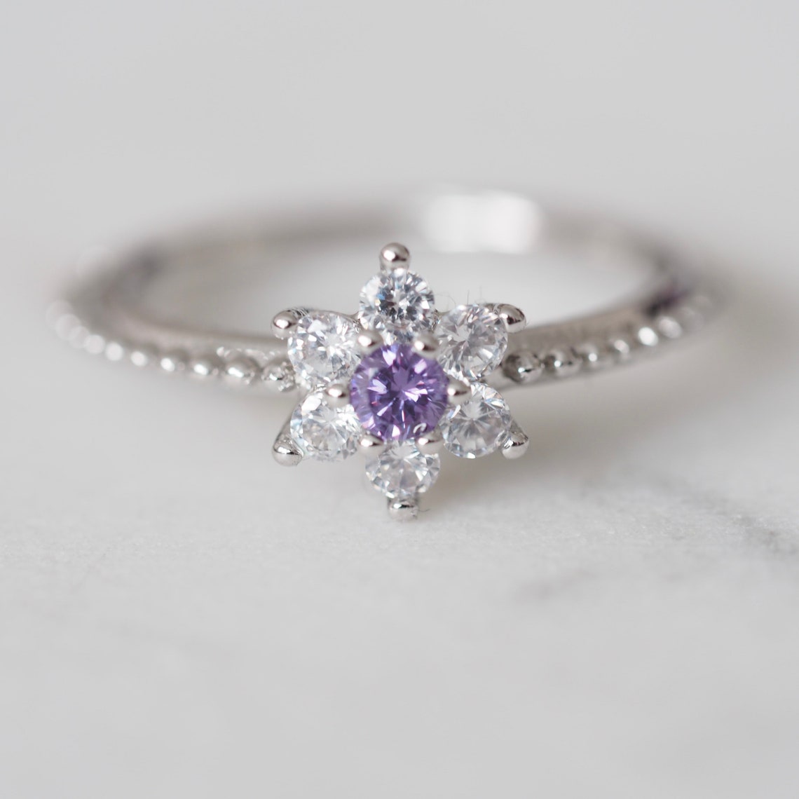 Silver Flower Ring - Lilac Stone Ring - Gemstone Ring - Dainty Flower ...