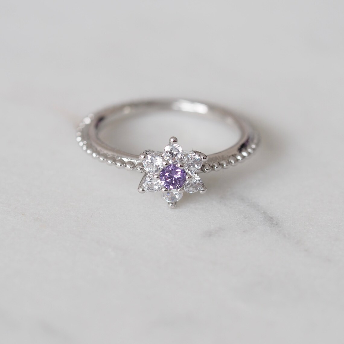 Silver Flower Ring - Lilac Stone Ring - Gemstone Ring - Dainty Flower ...