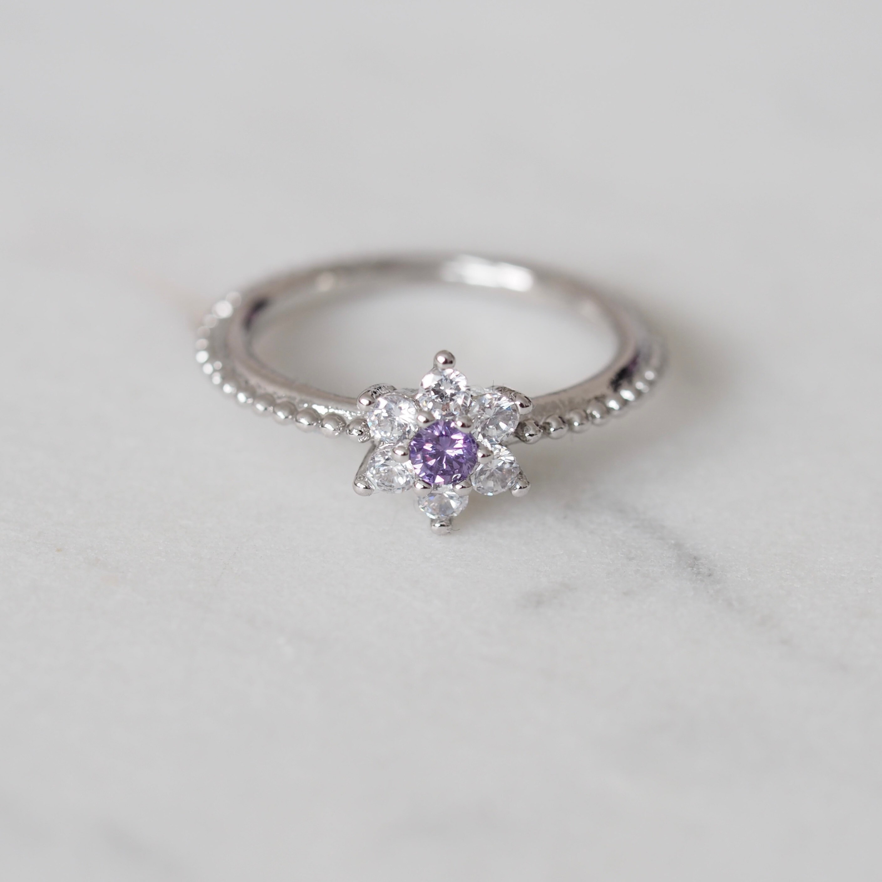 Silver Flower Ring - Lilac Stone Ring - Gemstone Ring - Dainty Flower ...