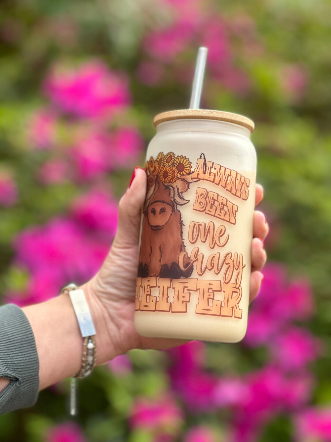 Highland Cow Glass Cup, Highland Cow Frosted Glass Tumbler With Bamboo ...