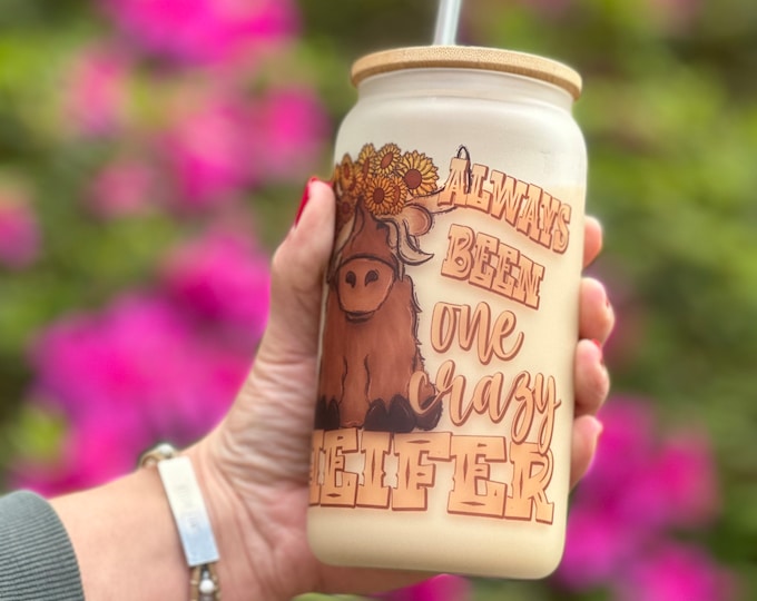 Highland Cow Glass Cup, Highland Cow Frosted Glass Tumbler With Bamboo ...