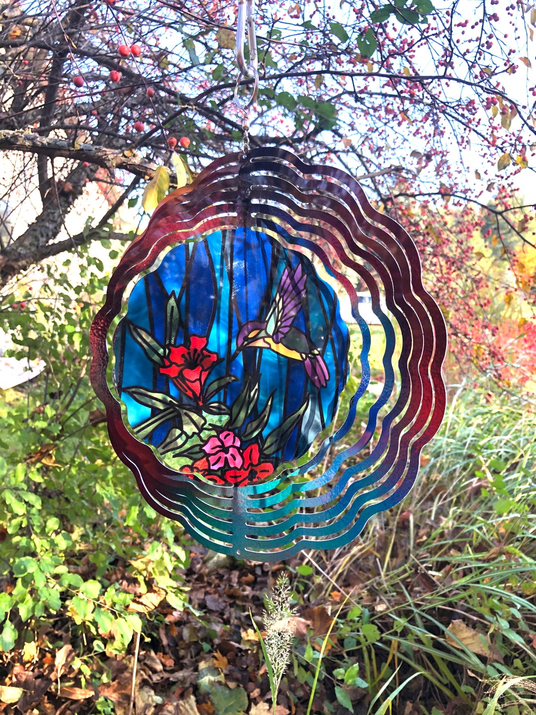 Hummingbird Wind Spinner, Hanging Stained Glass Effect Hummingbird Wind ...