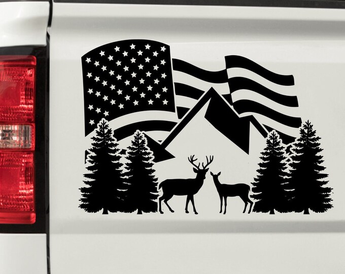 Deer USA Flag Scene Vinyl Decal Deer Hunting Decal Deer Bumper Sticker ...