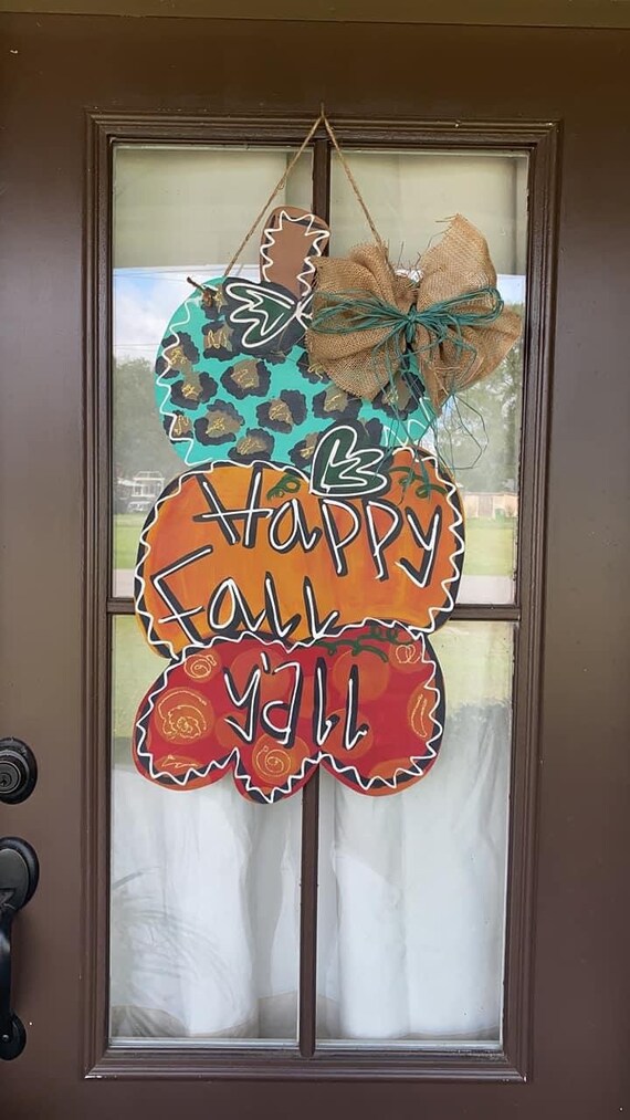 Happy fall yall tri-pumpkin door hanger | Etsy