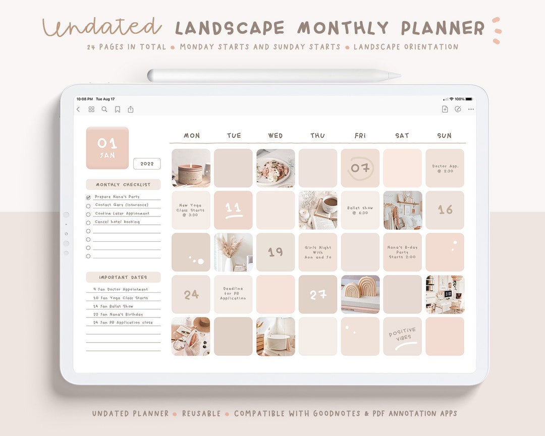 Undated Monthly Digital Planner/ Digital Monthly Planner/ 12 Month ...
