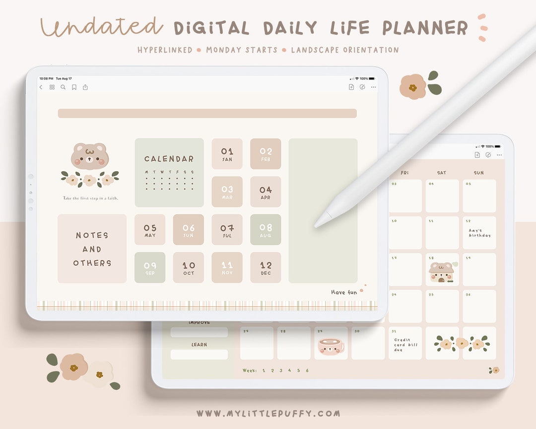 Undated Kawaii Daily Digital Planner/ Cute Digital Planner/ Kawaii ...