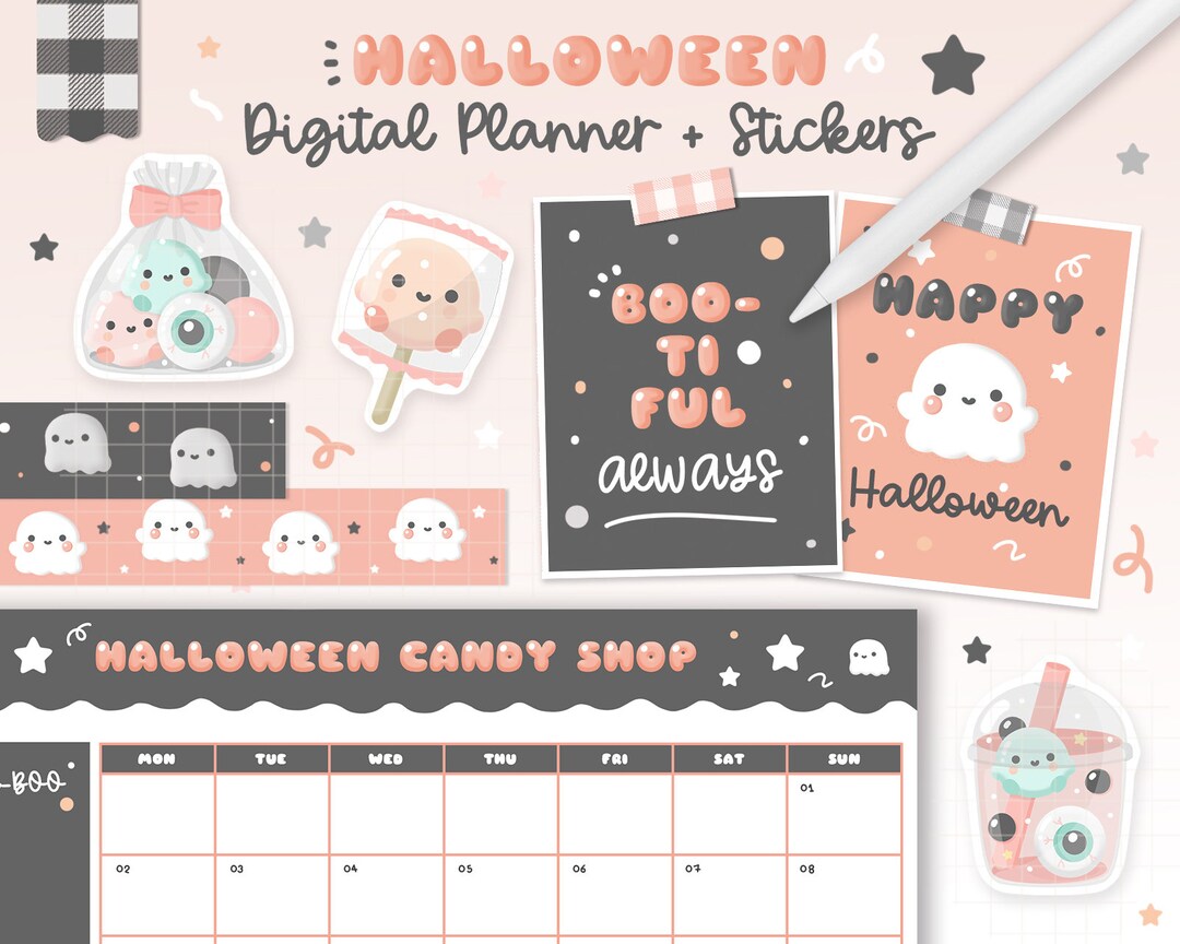 Kawaii Halloween Digital Stickers/ Cute Halloween Digital Planner ...