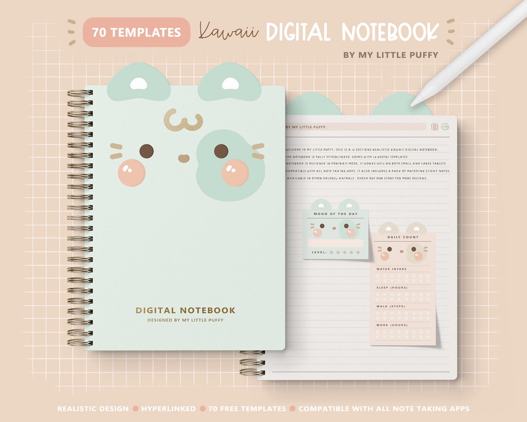 Cute Cat Digital Notebook/ Hyperlinked Digital Notebook/ 12 Sections ...
