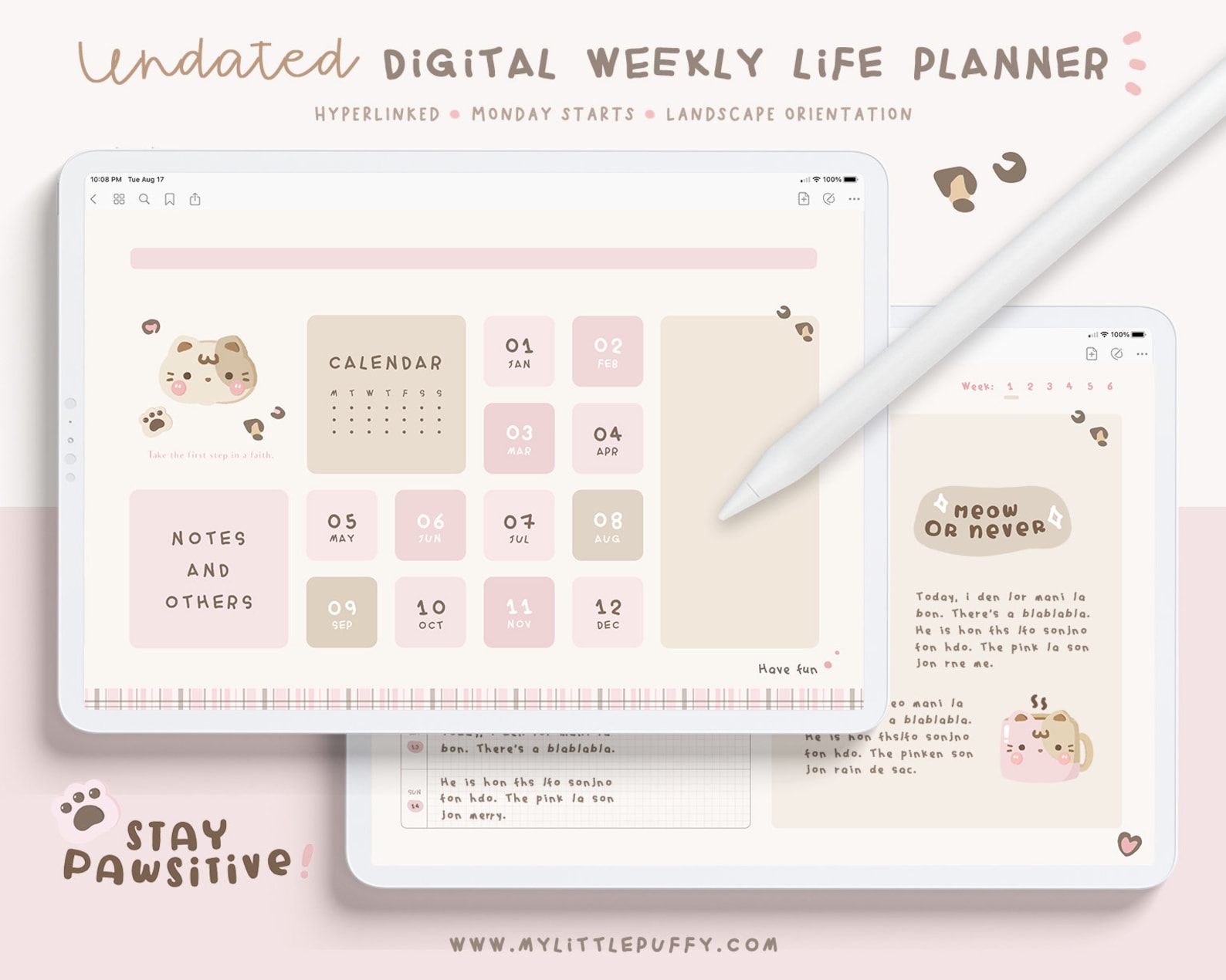 Undated Kawaii Weekly Digital Planner/ Cute Digital Planner/ Kawaii ...