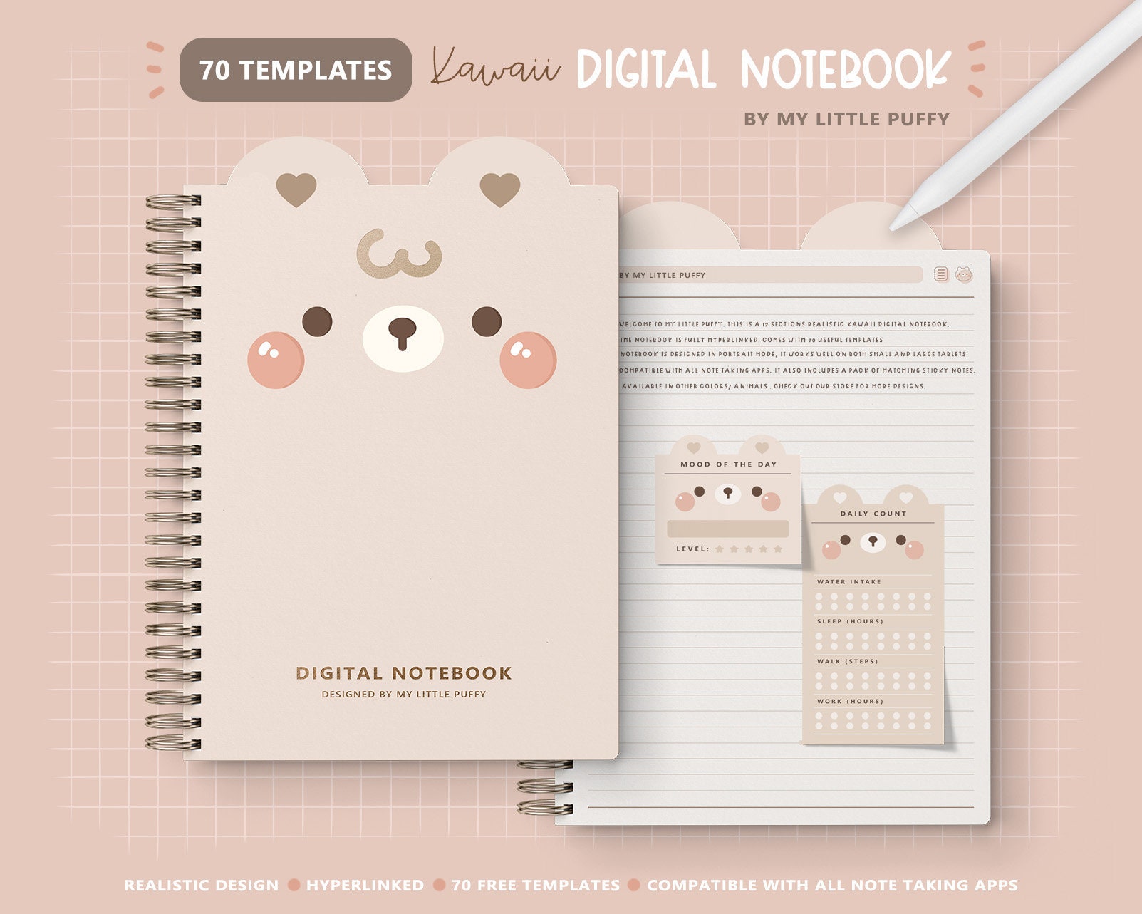 5 Digital Notebooks/ Cute Digital Notebook Bundle/ 12 Sections Digital ...