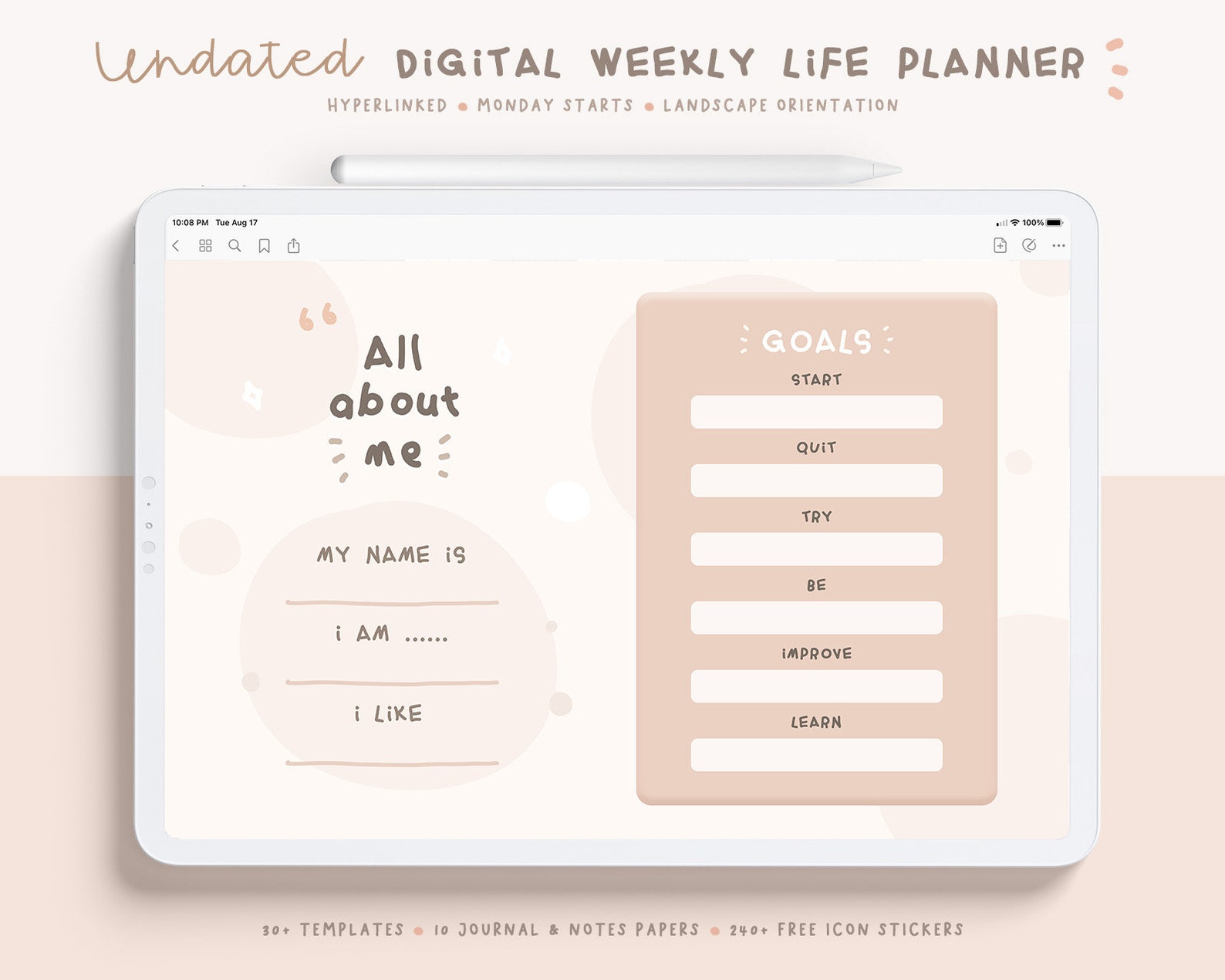 Undated Weekly Digital Planner/ Digital Life Planner/ Journal Digital ...