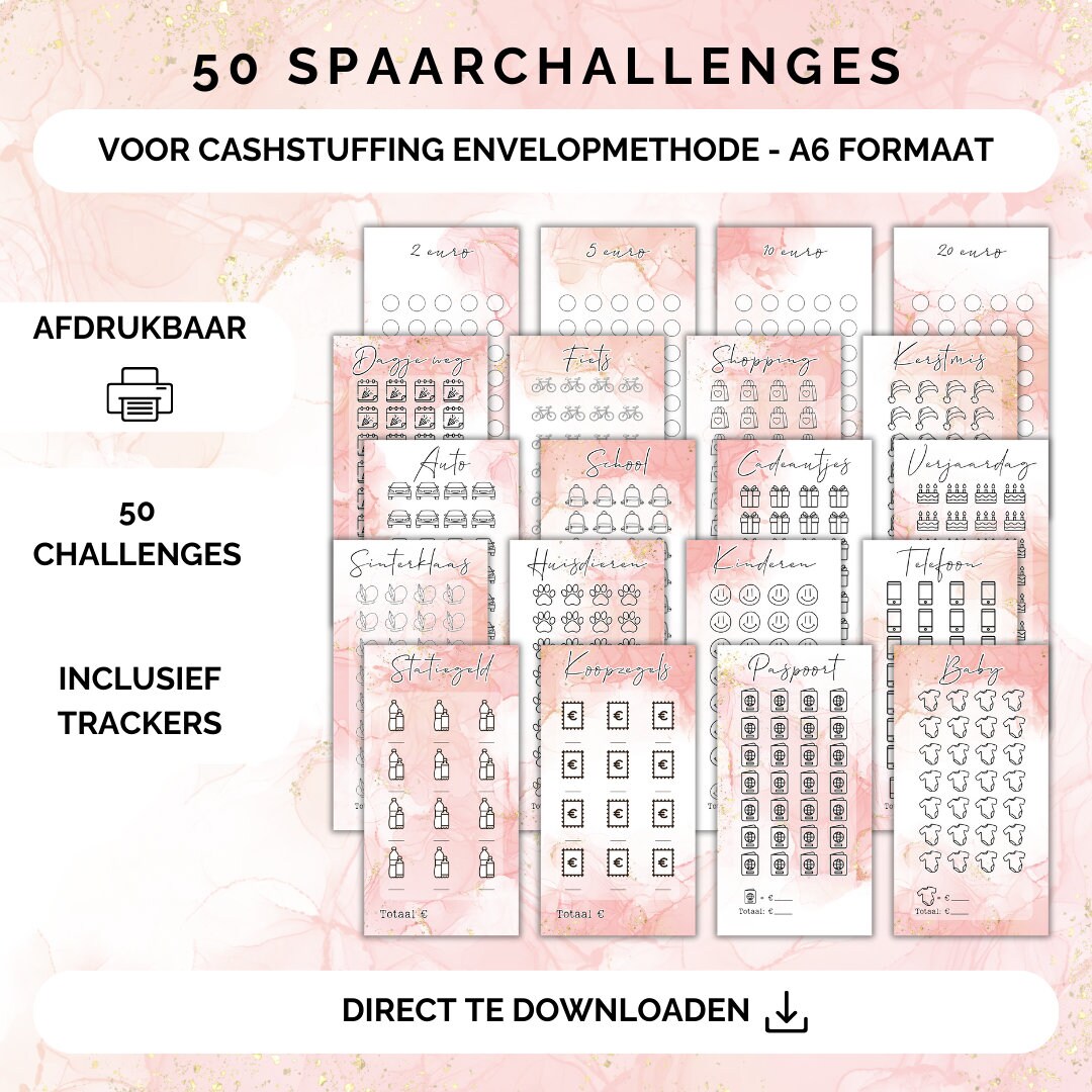 50 Pink Marble Challenges and Trackers for Cash Stuffing, A6 Budget ...