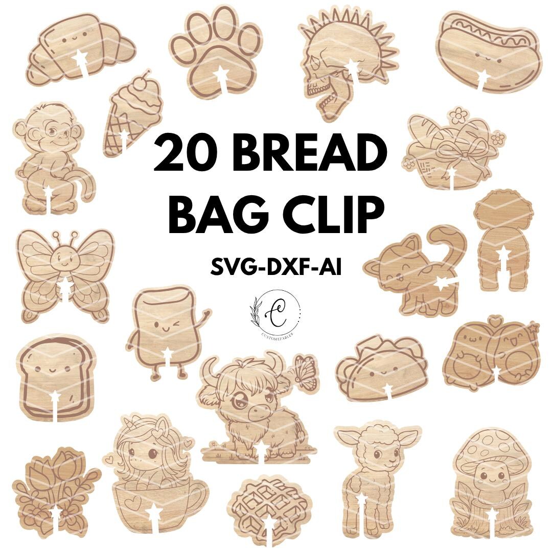 20 Funny Wooden Bread Clips SVG Laser Cut Bag Clip File, Bread Tag ...