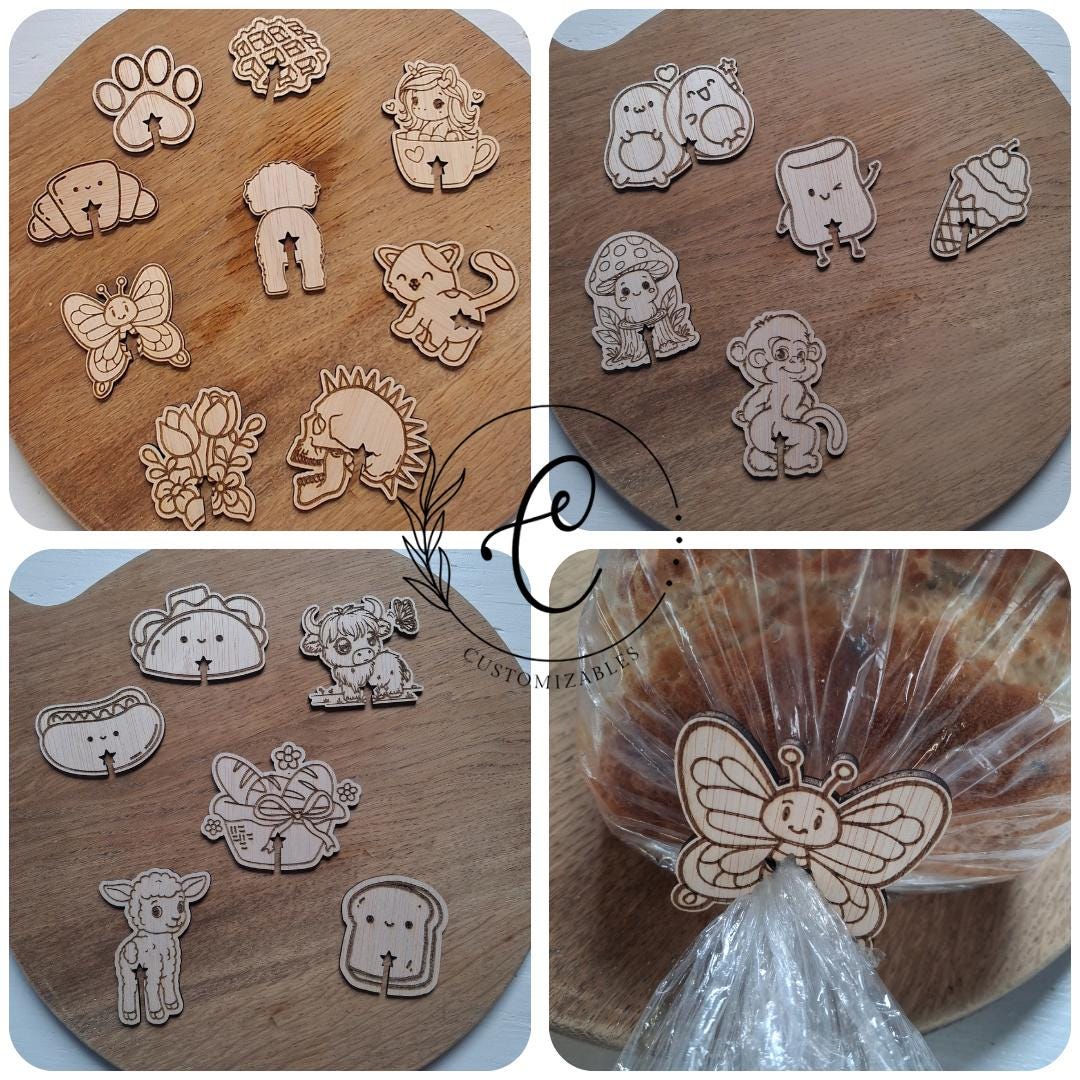 20 Funny Wooden Bread Clips SVG Laser Cut Bag Clip File, Bread Tag ...