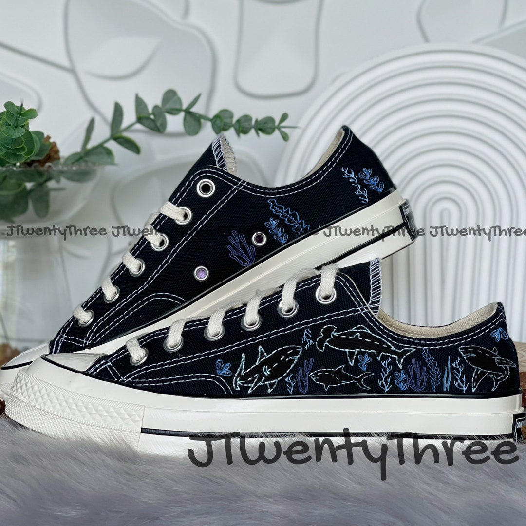 Custom Converse Low Tops 1970s Shark Embroidered, Under the Sea ...