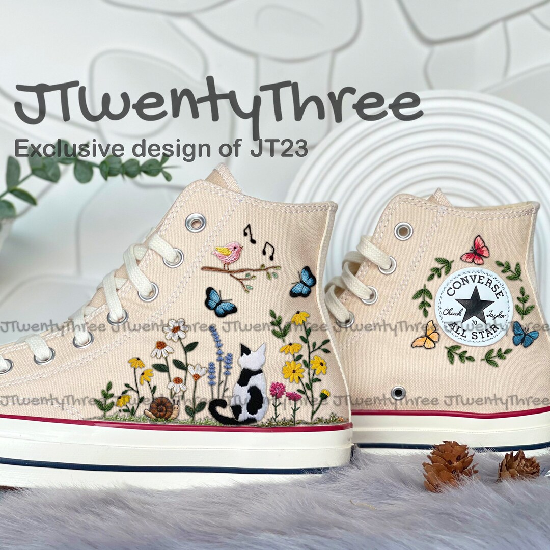 Embroidered Cat Flower Garden Design Converse, Cat Embroidered, Flower ...