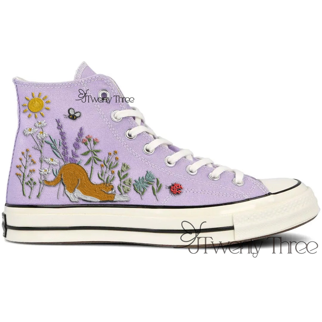 Embroidery Cat and Flowers Garden Converse, Cat Converse, Custom ...