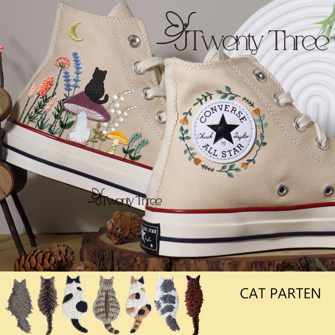 Cat Seat Mushroom Embroidered Converse, Pet Customized Converse, Flower ...