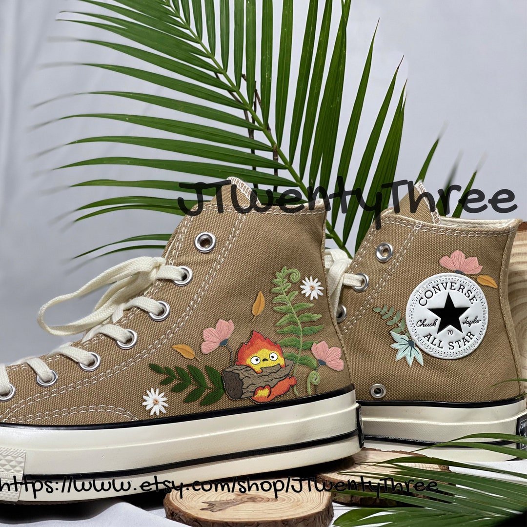 Converse Cartoon Custom, Fire Calcifer Converse, Cartoon Embroidered ...