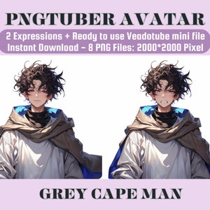 Pngtuber Male Model, Fuzzy Hair Man With Grey Cape, Kawaii Png Tuber ...