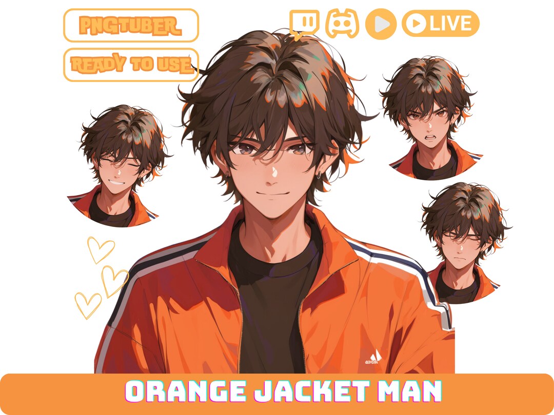 Anime Male Pngtuber Model: Orange Jacket Vtuber Avatar (digital ...
