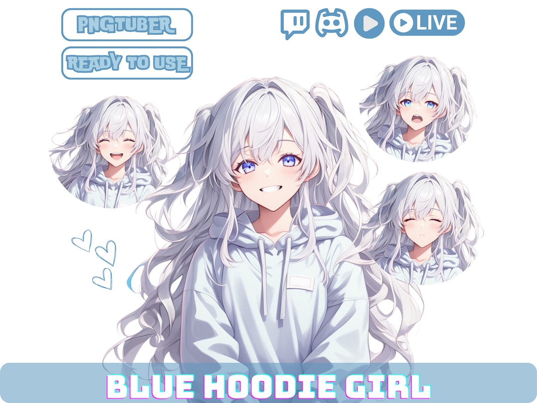 Pngtuber Girl in Blue Hoodie, Silver Hair, PNG Tuber Streaming Avatar ...