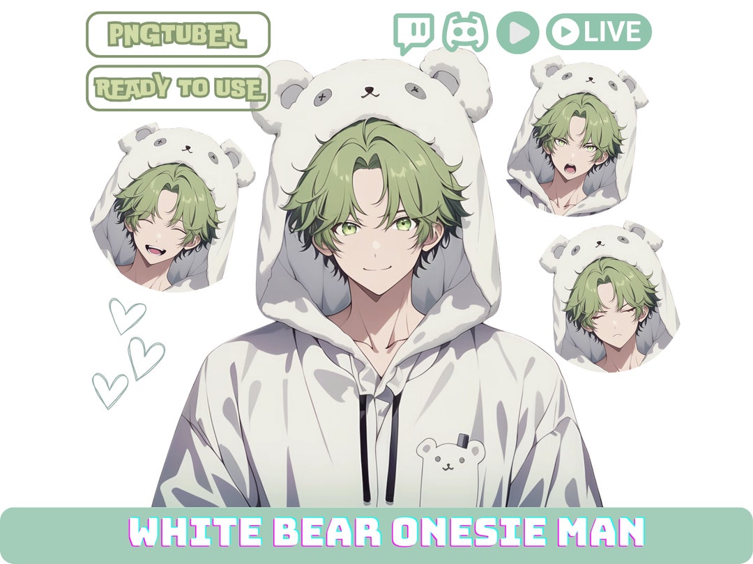 Pngtuber Male Model, Green Hair Man in White Bear Onesie,kawaii Png ...