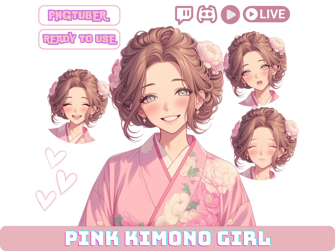 Pngtuber Girl in Pink Kimono, Brown Hair, PNG Tuber Streaming Avatar ...
