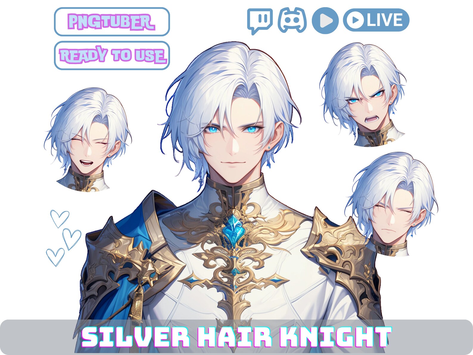 Silver Hair Knight Pngtuber Male Model: Kawaii Anime Avatar - Etsy