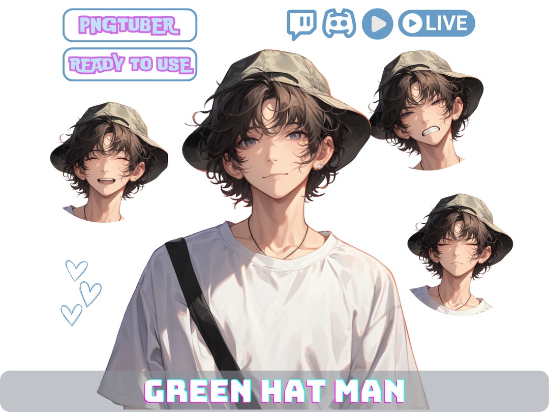 Pngtuber Male Model, Fuzzy Hair Man With Green Hat, Kawaii Png Tuber ...