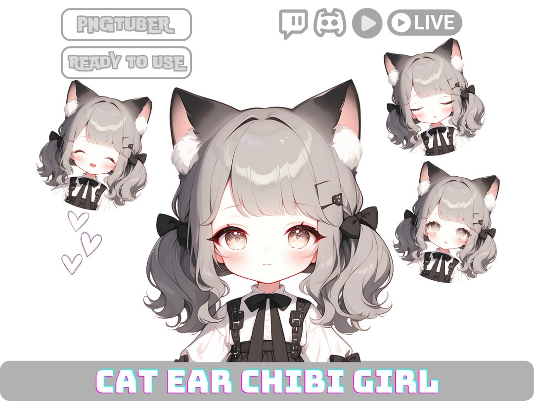 Pngtuber, Grey Hair Chibi Anime Girl With Cat Ears, Kawaii Png Tuber ...
