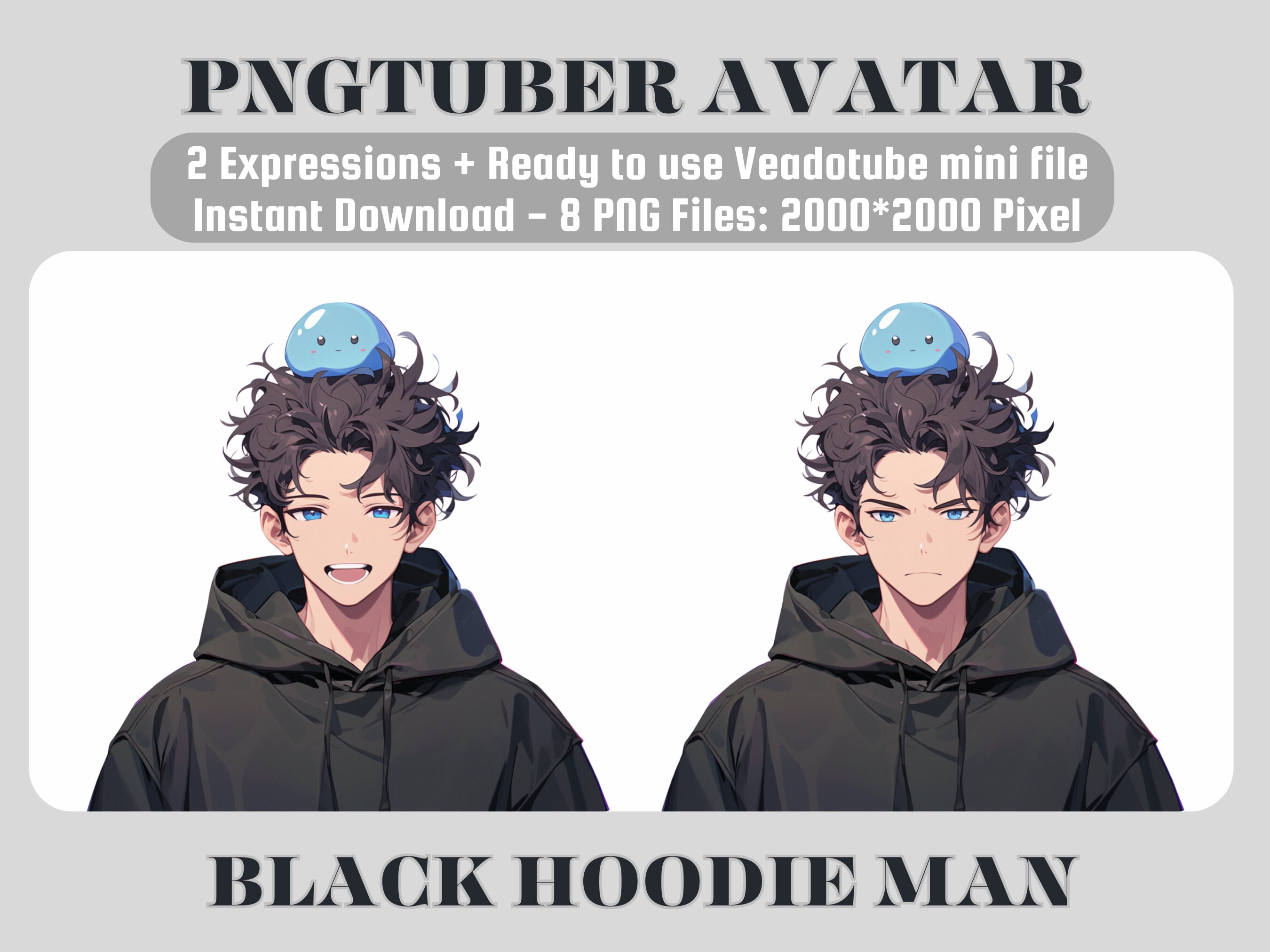 Pngtuber Male Model: Black Hair, Blue Slime Avatar (digital Download ...