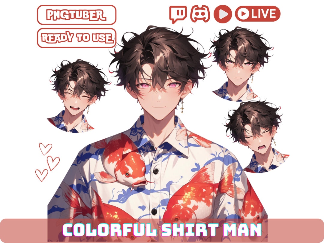 Pngtuber Male Model, Brown Hair Man in Koi Fish Shirt, Kawaii Png Tuber ...