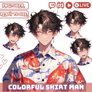 Pngtuber Male Model, Brown Hair Man in Koi Fish Shirt, Kawaii Png Tuber ...