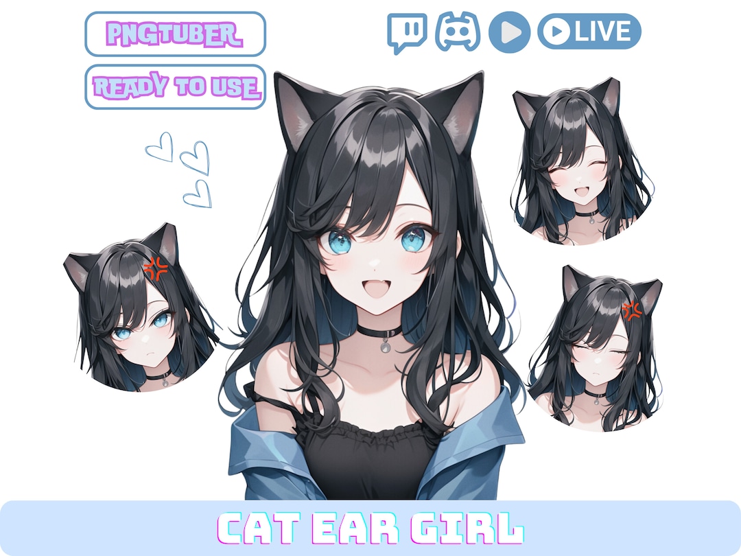 Pngtuber Cat Ear Girl With Black Hair, PNG Tuber Streaming Avatar, Cute ...