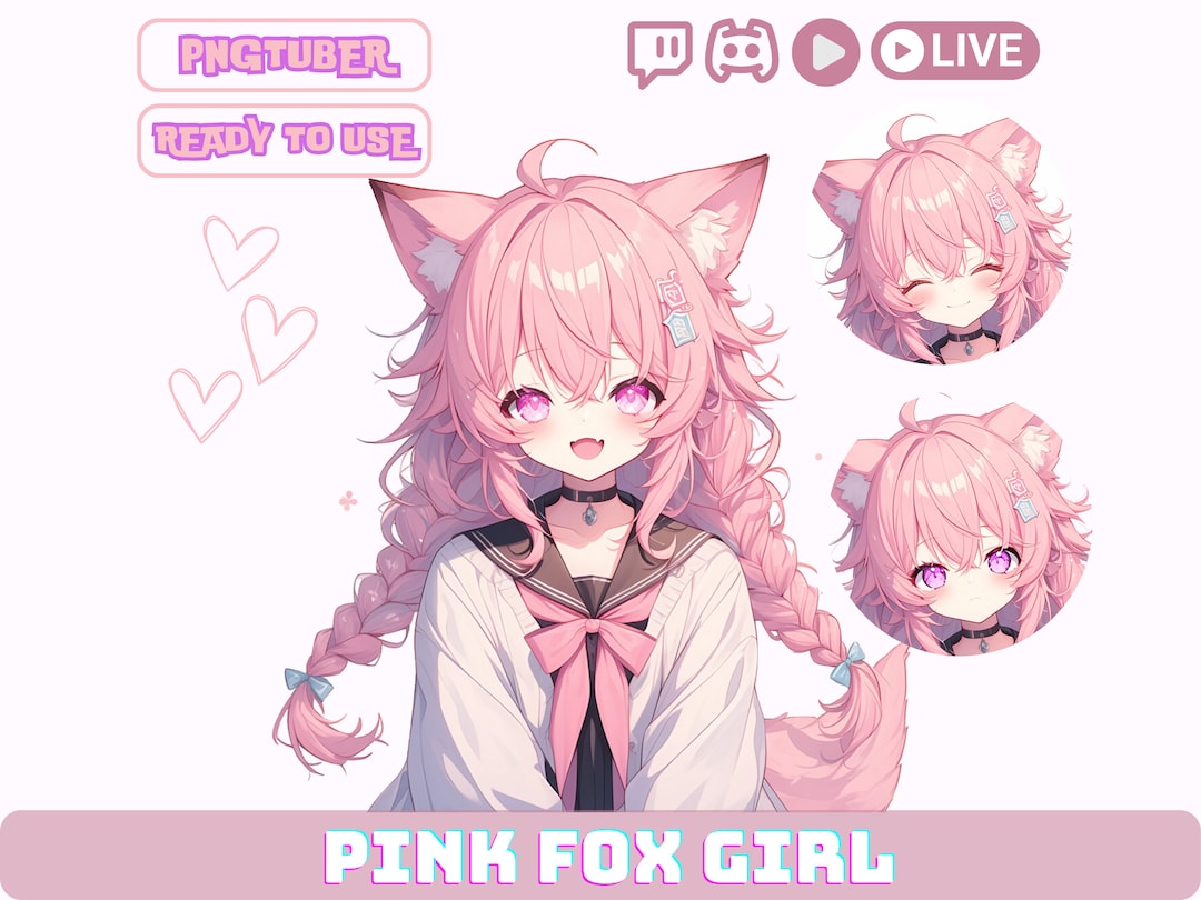 Pngtuber Girl, Pink Fox Girl With Tail, PNG Tuber Streaming Avatar ...