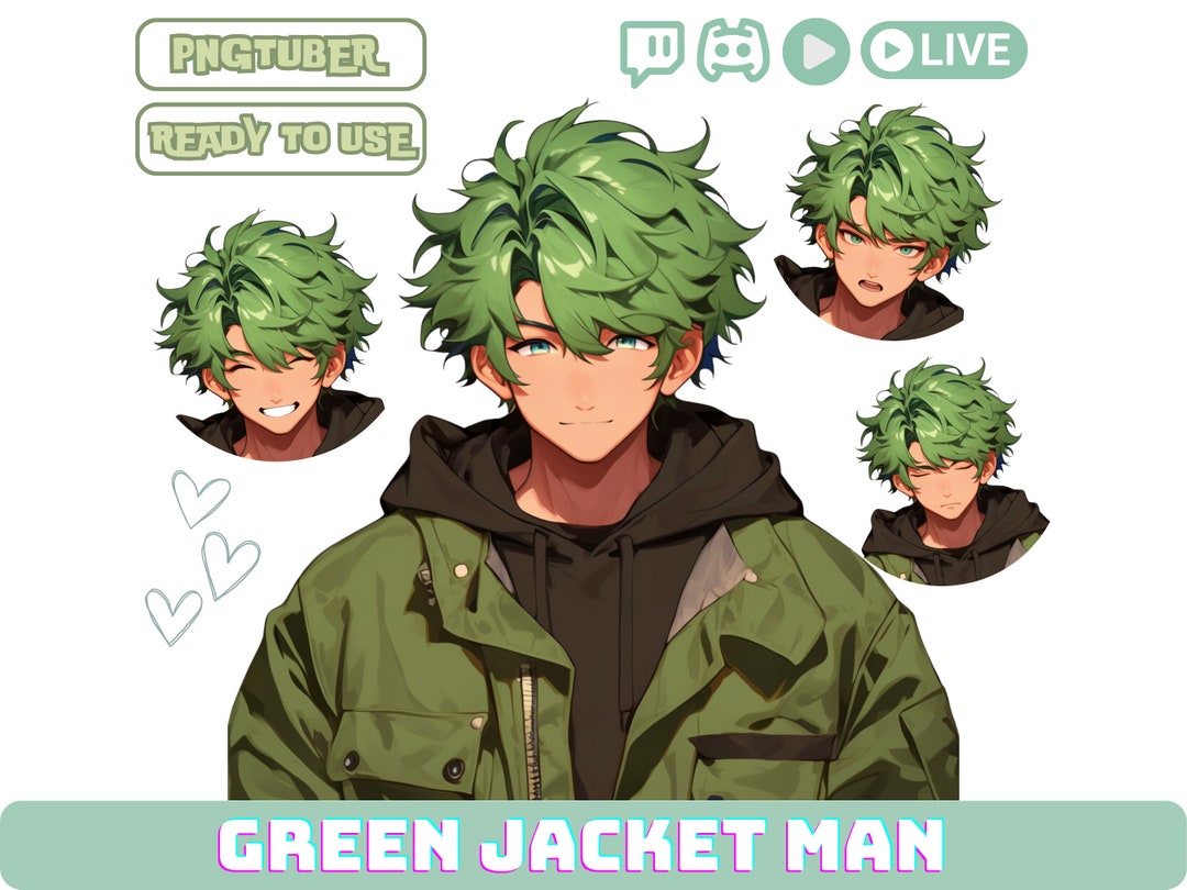 Pngtuber Male Model, Green Hair Man in Green Jacket, Kawaii Png Tuber ...