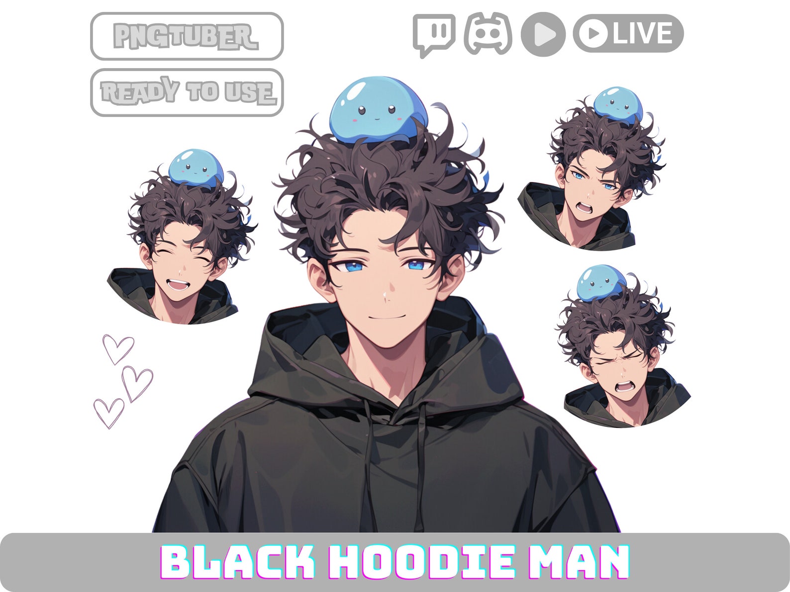 Pngtuber Male Model: Black Hair, Blue Slime Avatar (digital Download ...