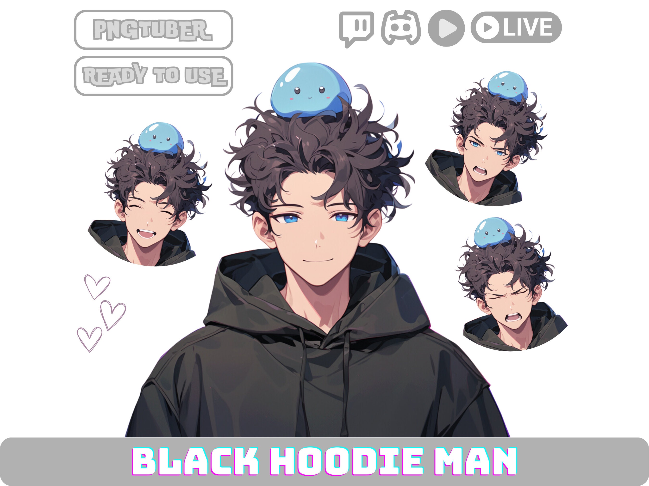 Pngtuber Male Model: Black Hair, Blue Slime Avatar (digital Download ...