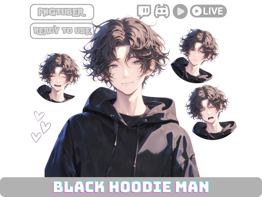 Pngtuber Male Model, Fuzzy Hair Man in Black Hoodie, Kawaii Png Tuber ...