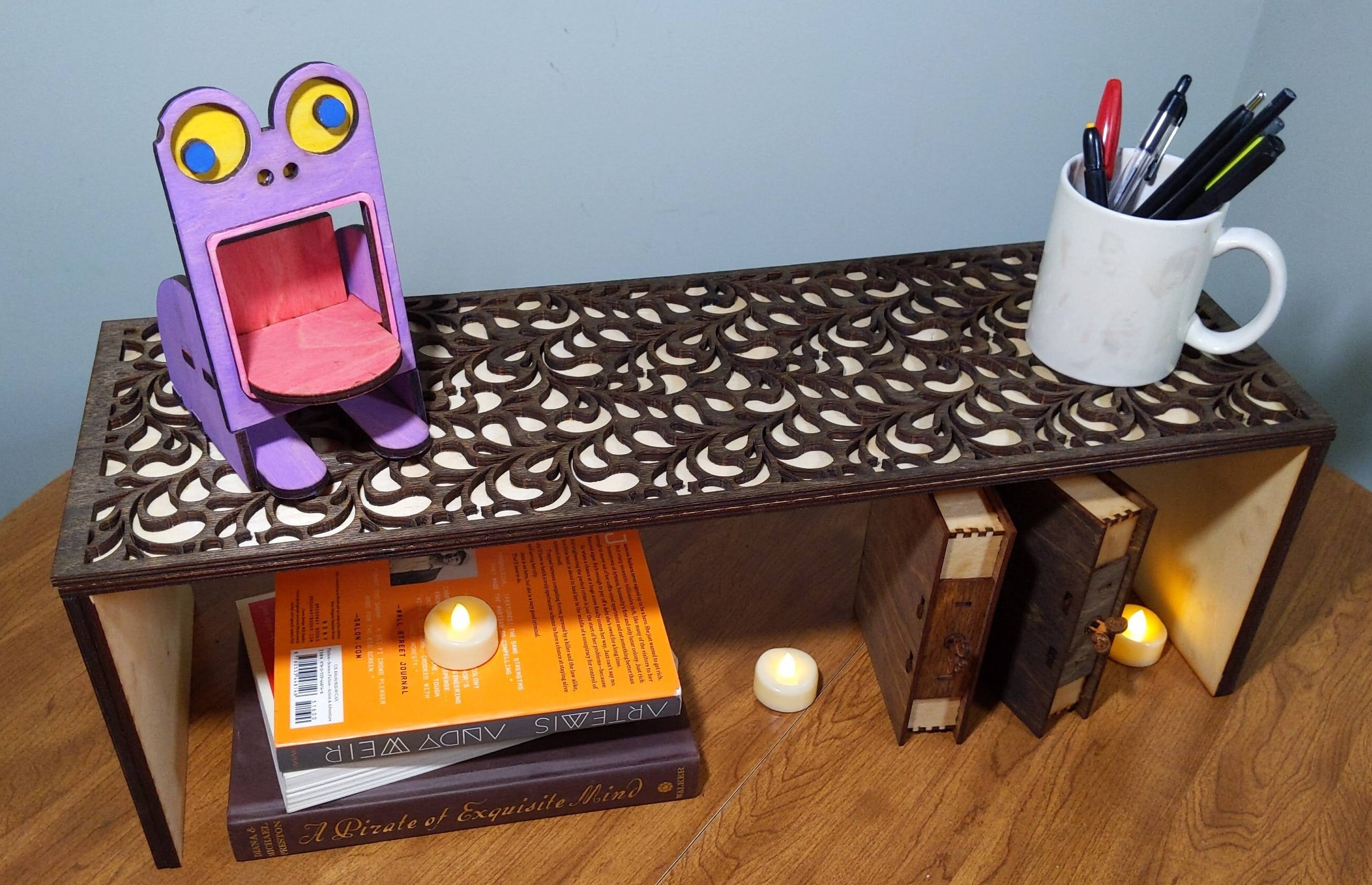 Wooden Table Display Stand Laser Cut Ornamental Design Counter Riser ...