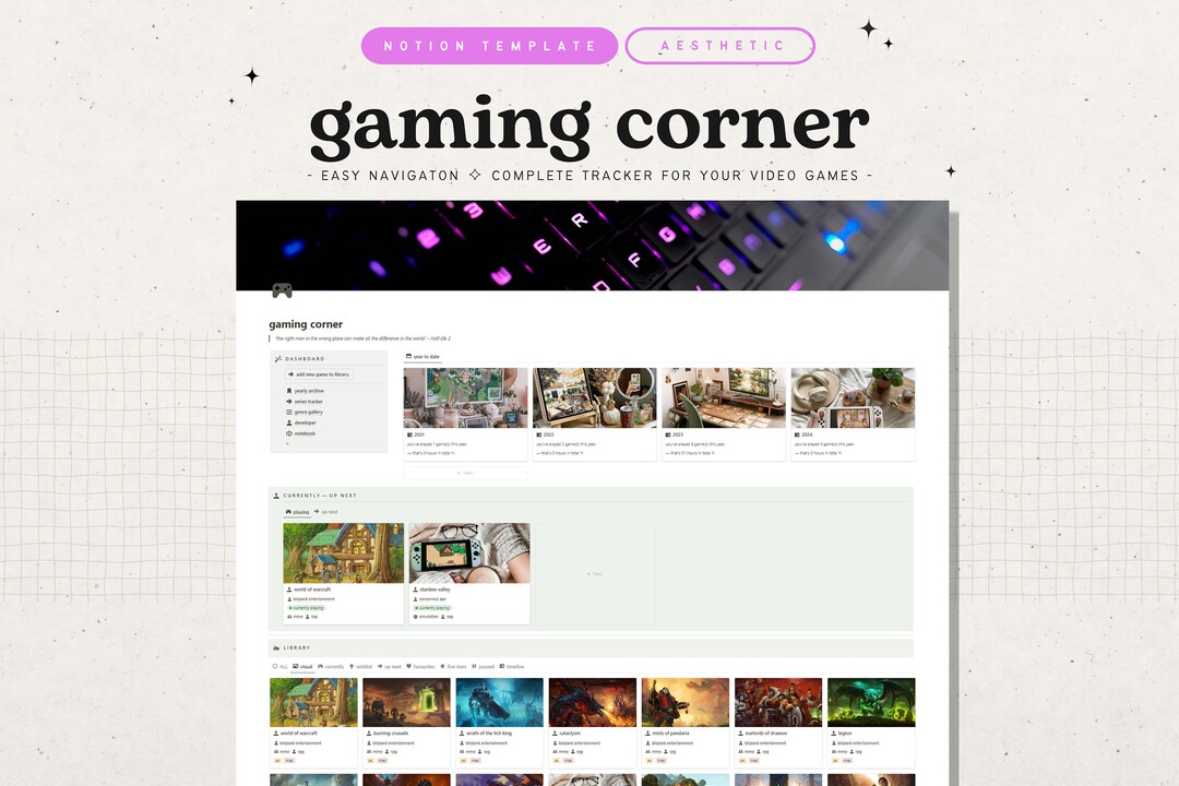 Video Game Tracker Notion Template • Complete Gaming Dashboard • All in One Aesthetic Digital ...
