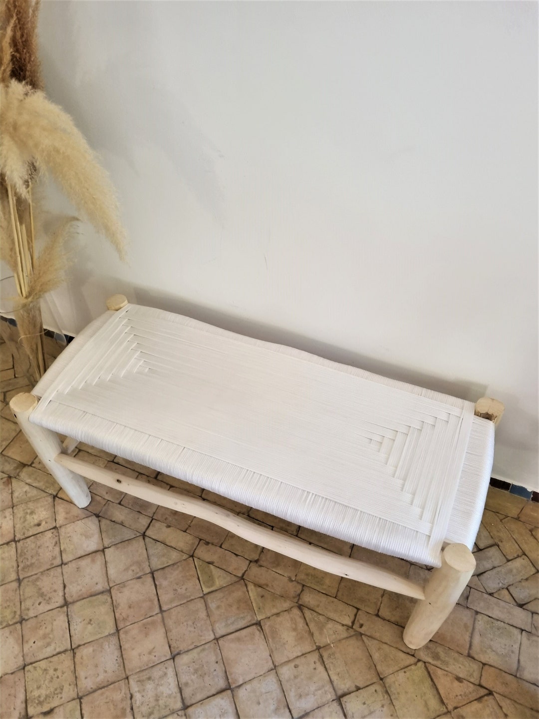 Moroccan Bench in Solid Wood Braided in Wire - Etsy