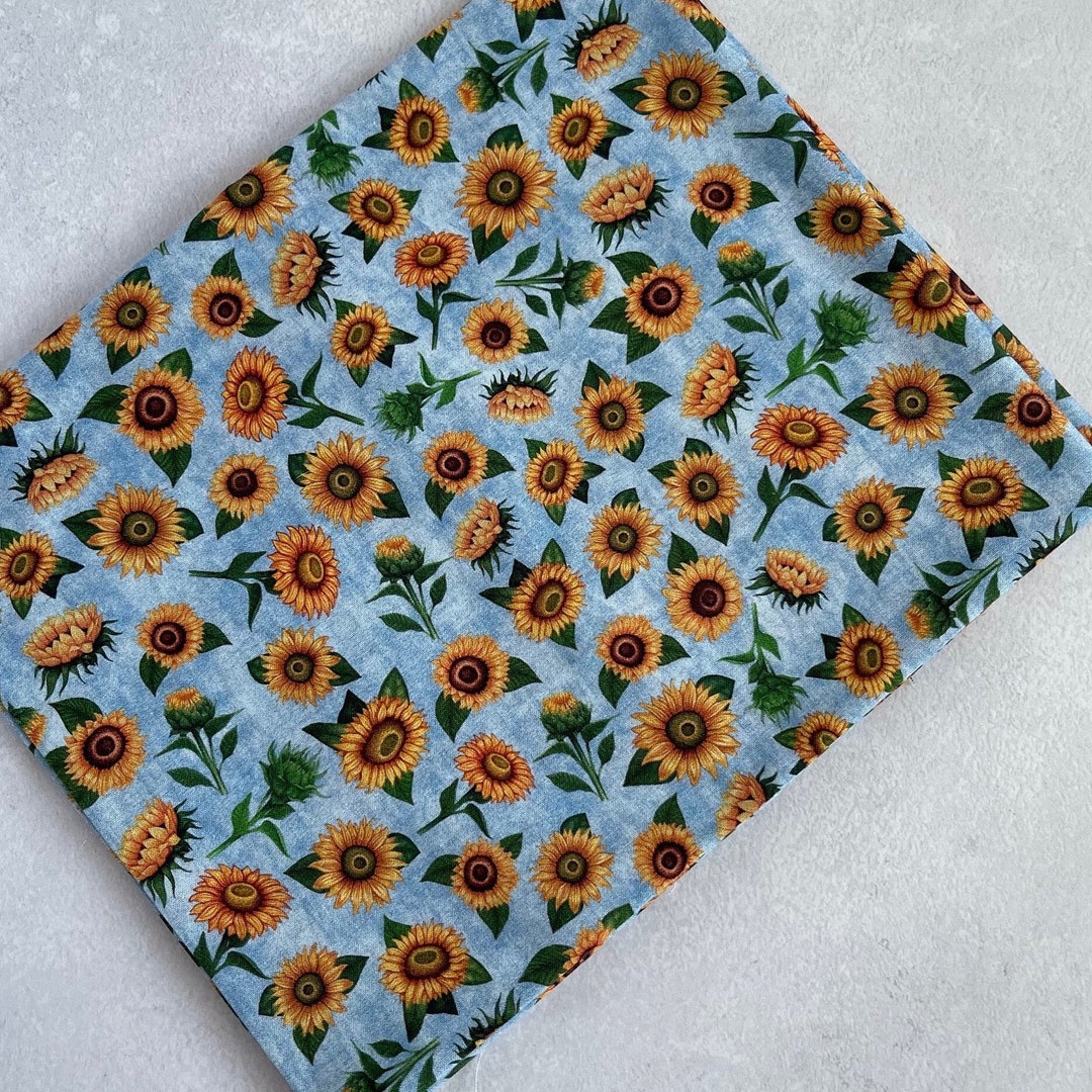 Sunflower Fabric Remnant Cute Sunflower Print Blue Fabric Scrap Cotton ...