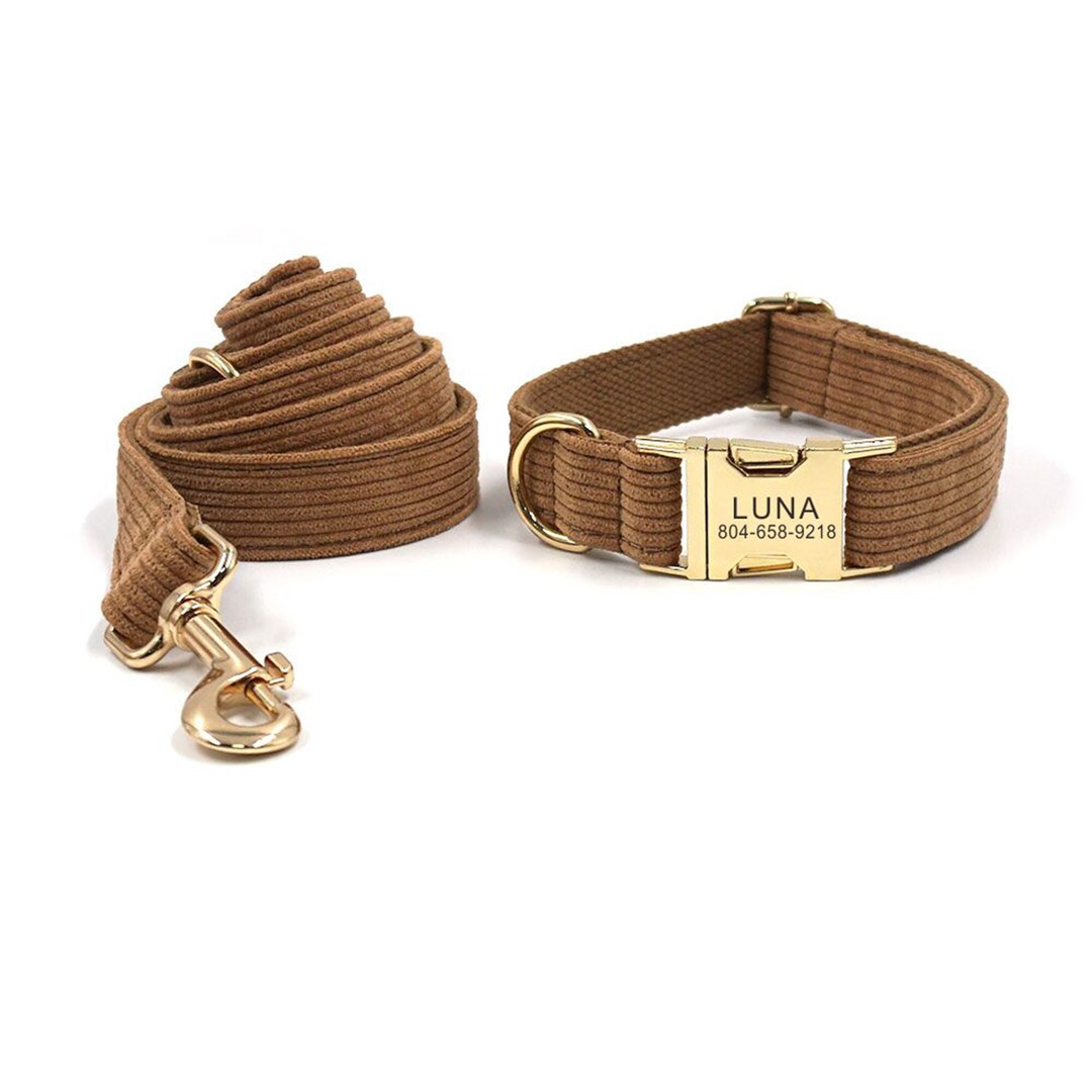 Brown Corduroy Dog Collar and Leash Personalized Dog Collar Ribbed Dog ...