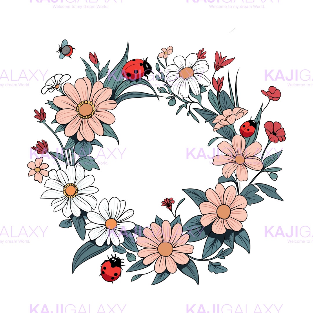 Floral and Ladybug Round Frame PNG - Etsy
