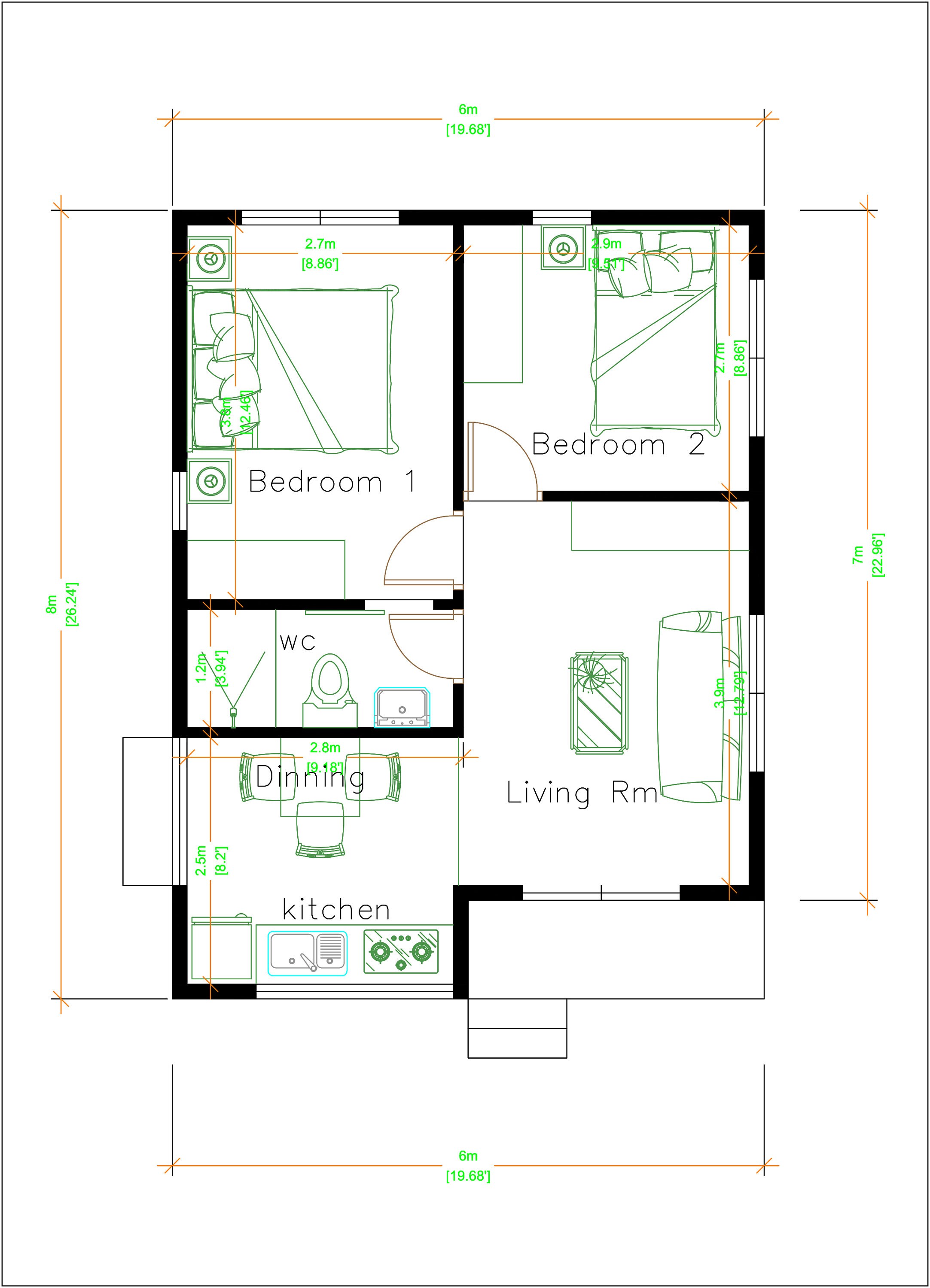 6m X 8m Tiny House Plan 2 Bedrooms Modern House Plan and Floor Plan ...
