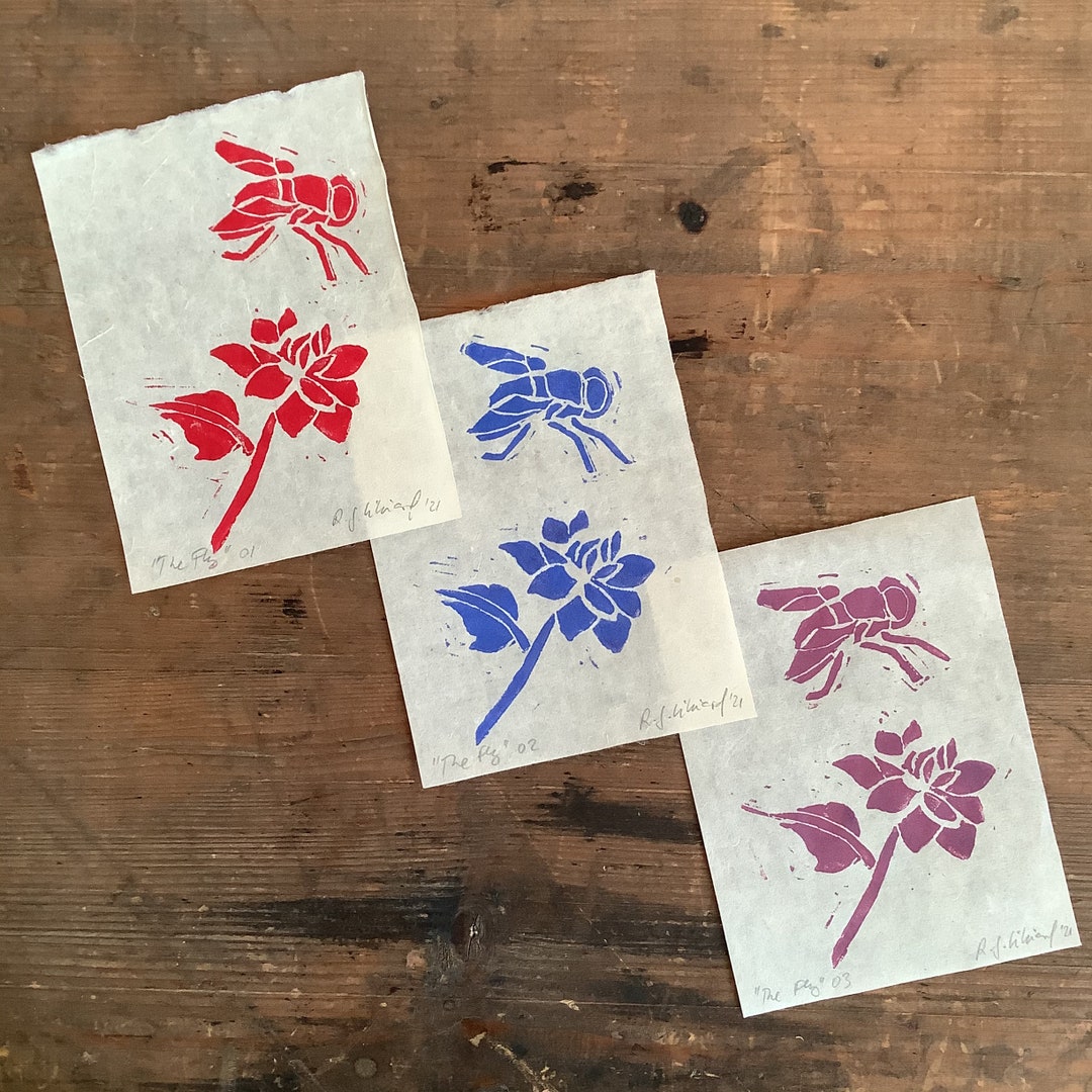 Handmade Linocut Print: Fly and Flower on Japanese Paper - Etsy