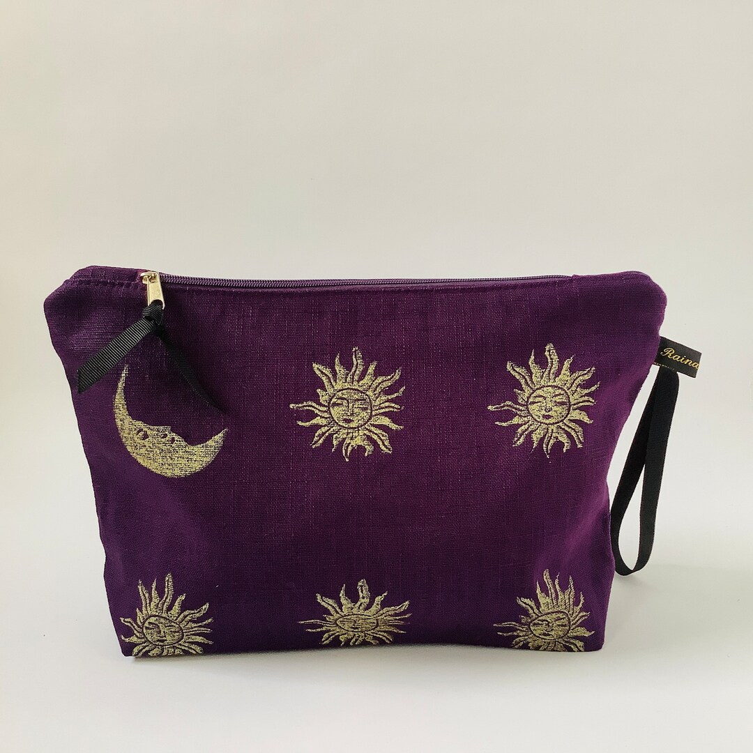 Purple Sun and Moon Linen Makeup Bag | Purple Sun and Moon Cosmetic Bag ...