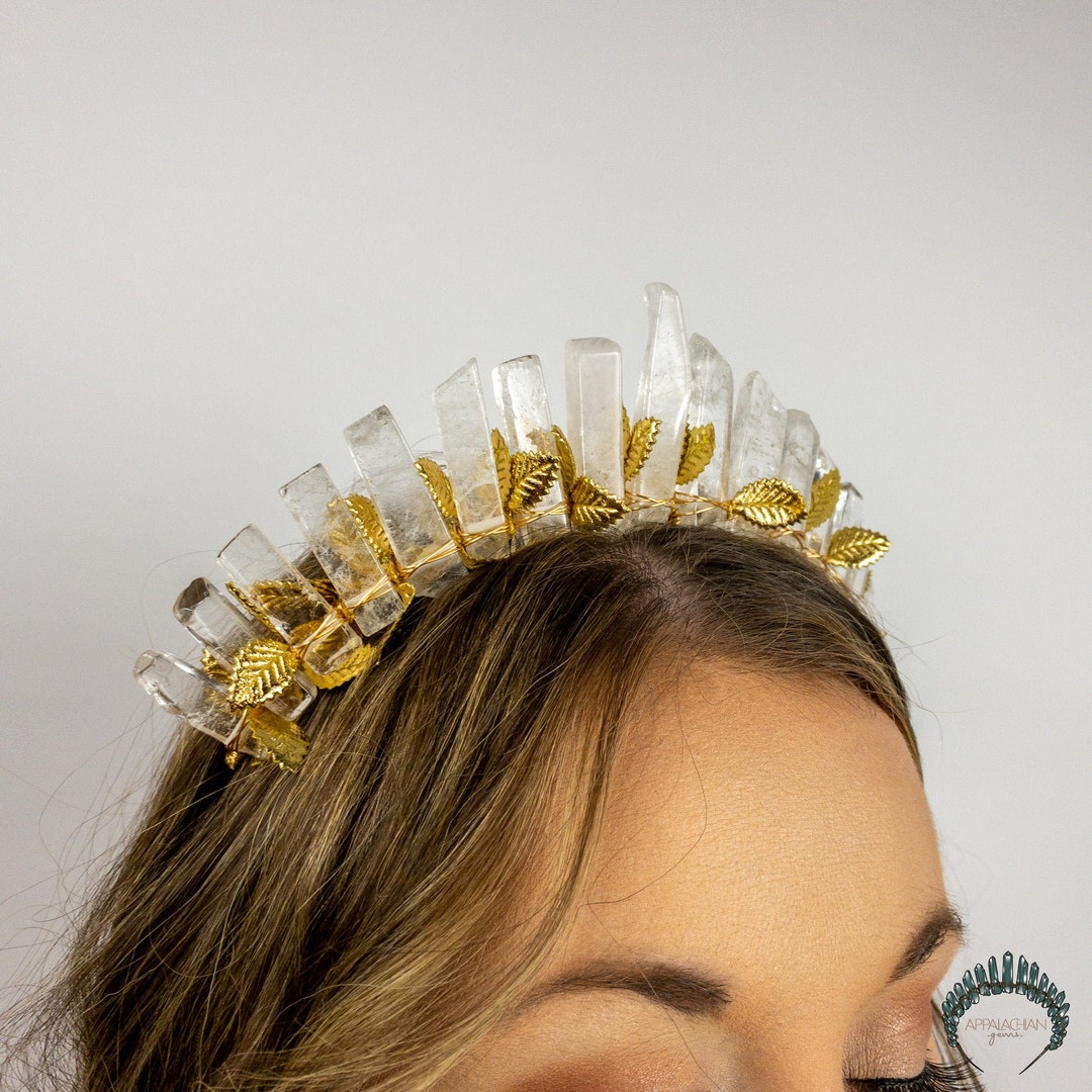 Clear Quartz Crystal Crown W/ Gold Leaf, Crystal Bridal Tiara, Quartz ...